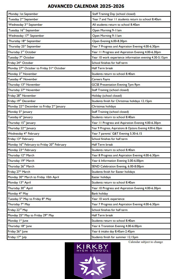 Kirkby High School Term Dates 25 26 Official Updates Sch uk