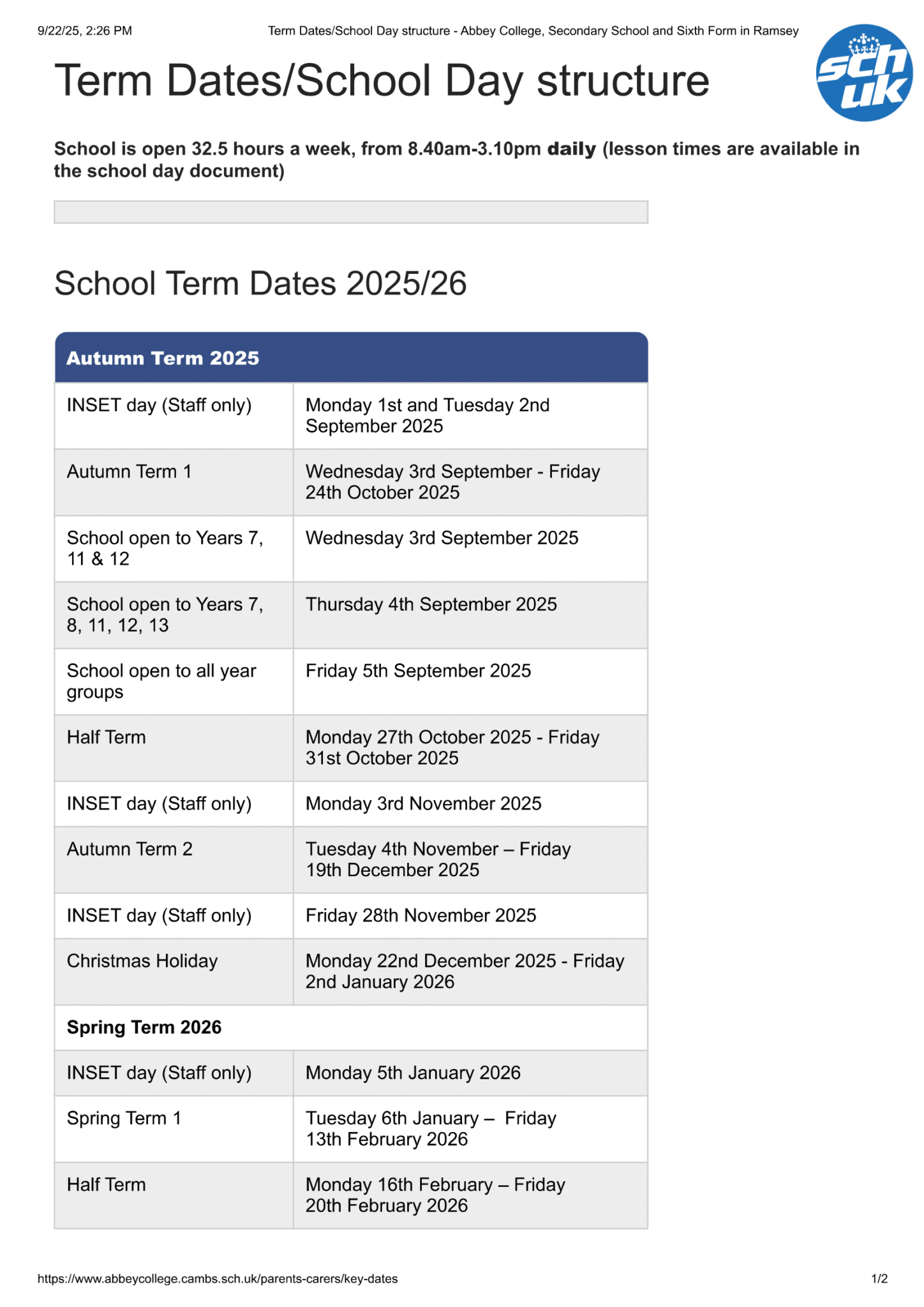 Abbey College Term Dates 25-26 Revised [pdf] - Sch-uk.org