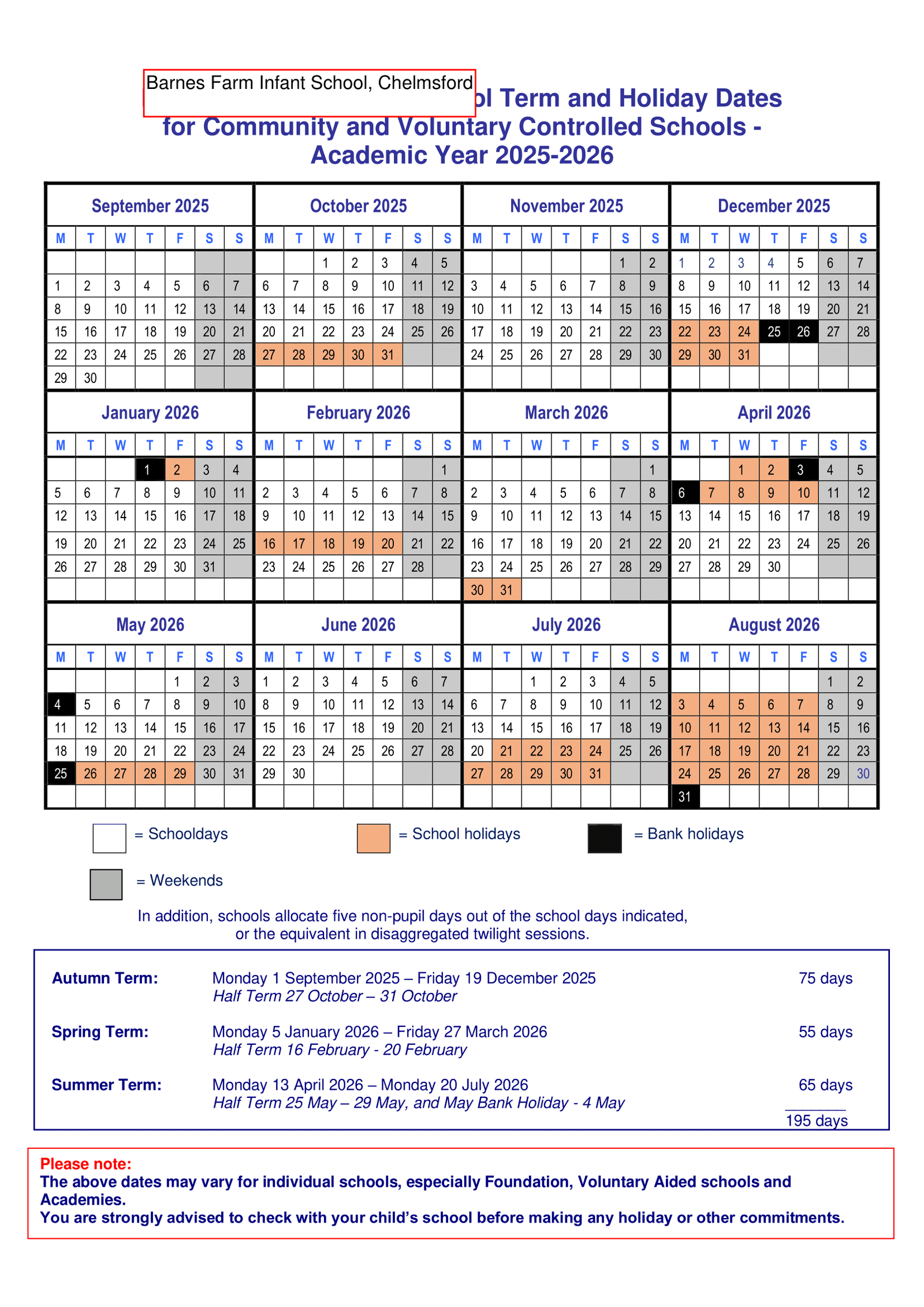 Barnes Farm Primary School Term Dates 25-26 Revised Pdf - Sch-uk.org