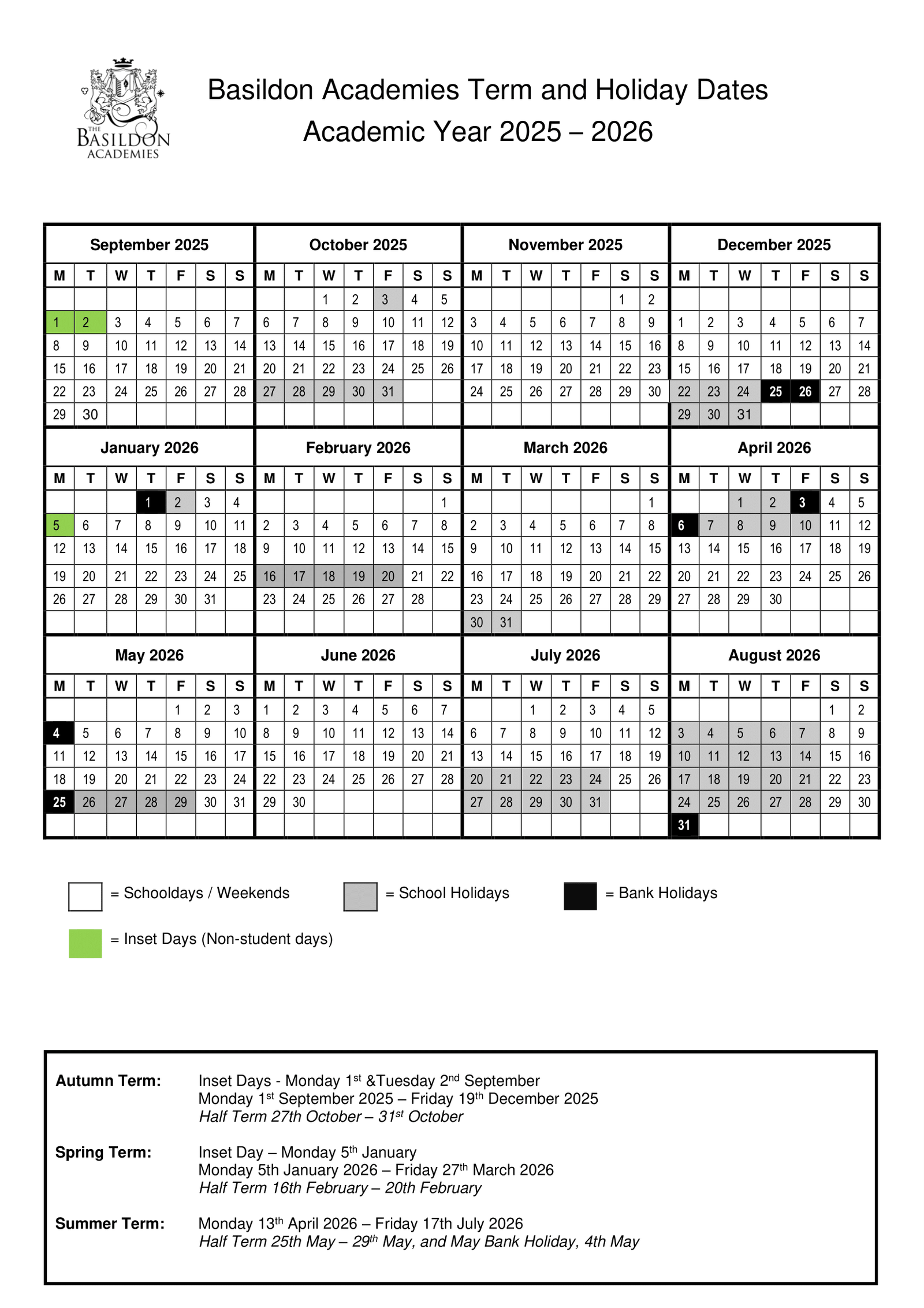 Basildon Academies, Basildon Term Dates 25-26 Revised Pdf - Sch-uk.org