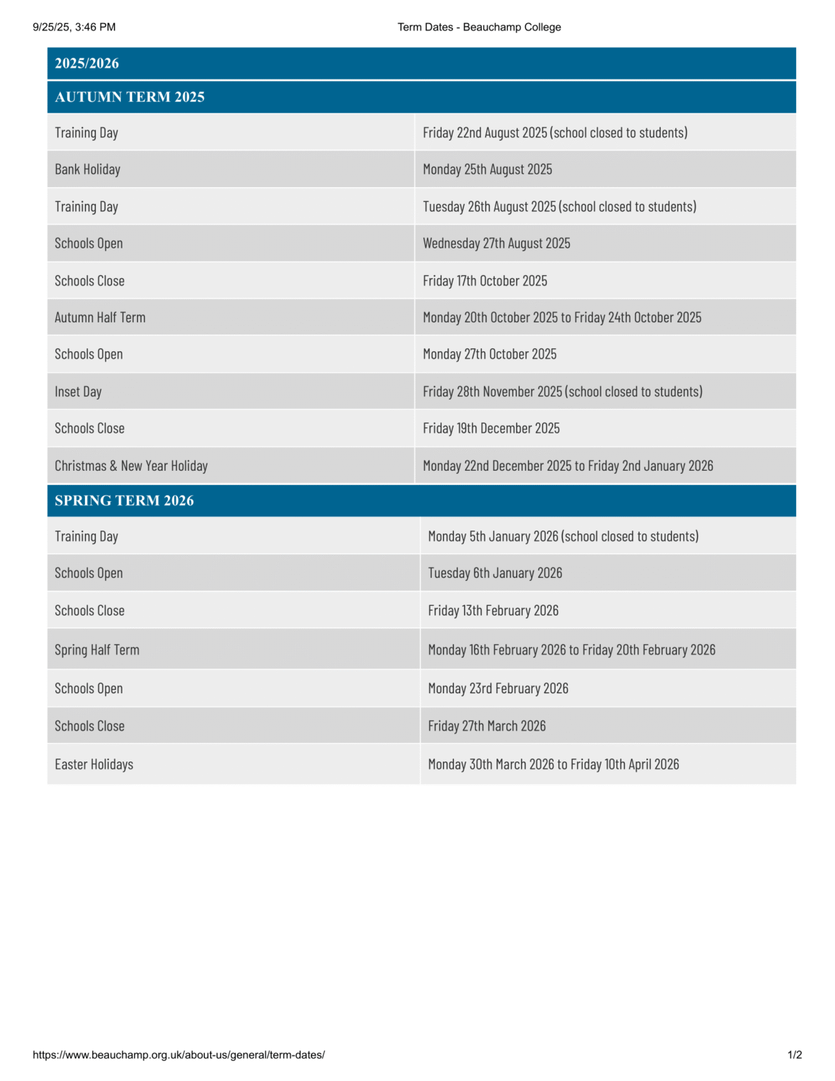 Beauchamp College Term Dates 25-26 Revised [pdf] - Sch-uk.org