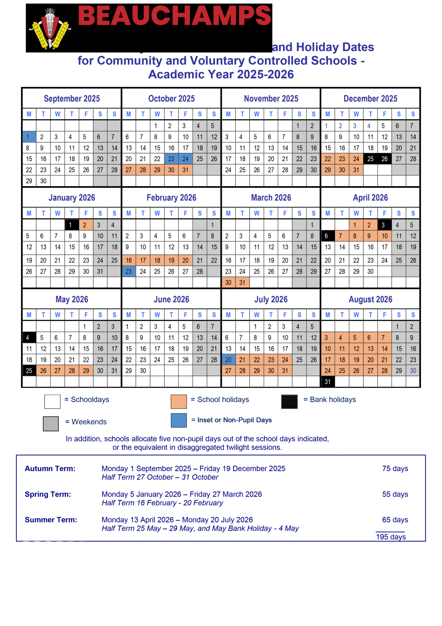 Beauchamps High School Wickford Term Dates 25-26 Revised - Sch-uk.org