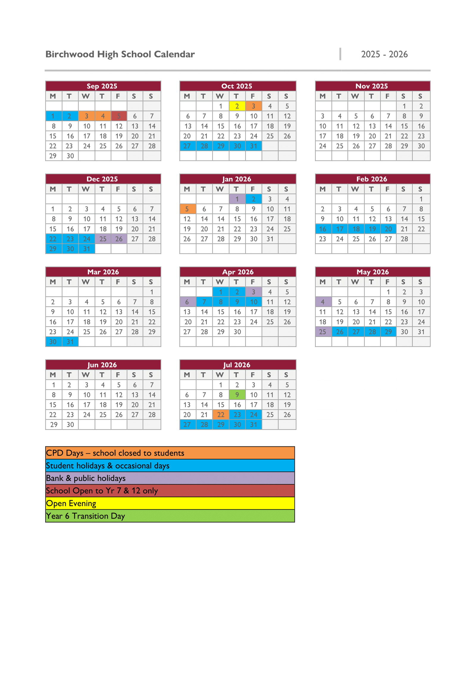 Birchwood High School Term Dates 25-26 Updated - Sch-uk.org