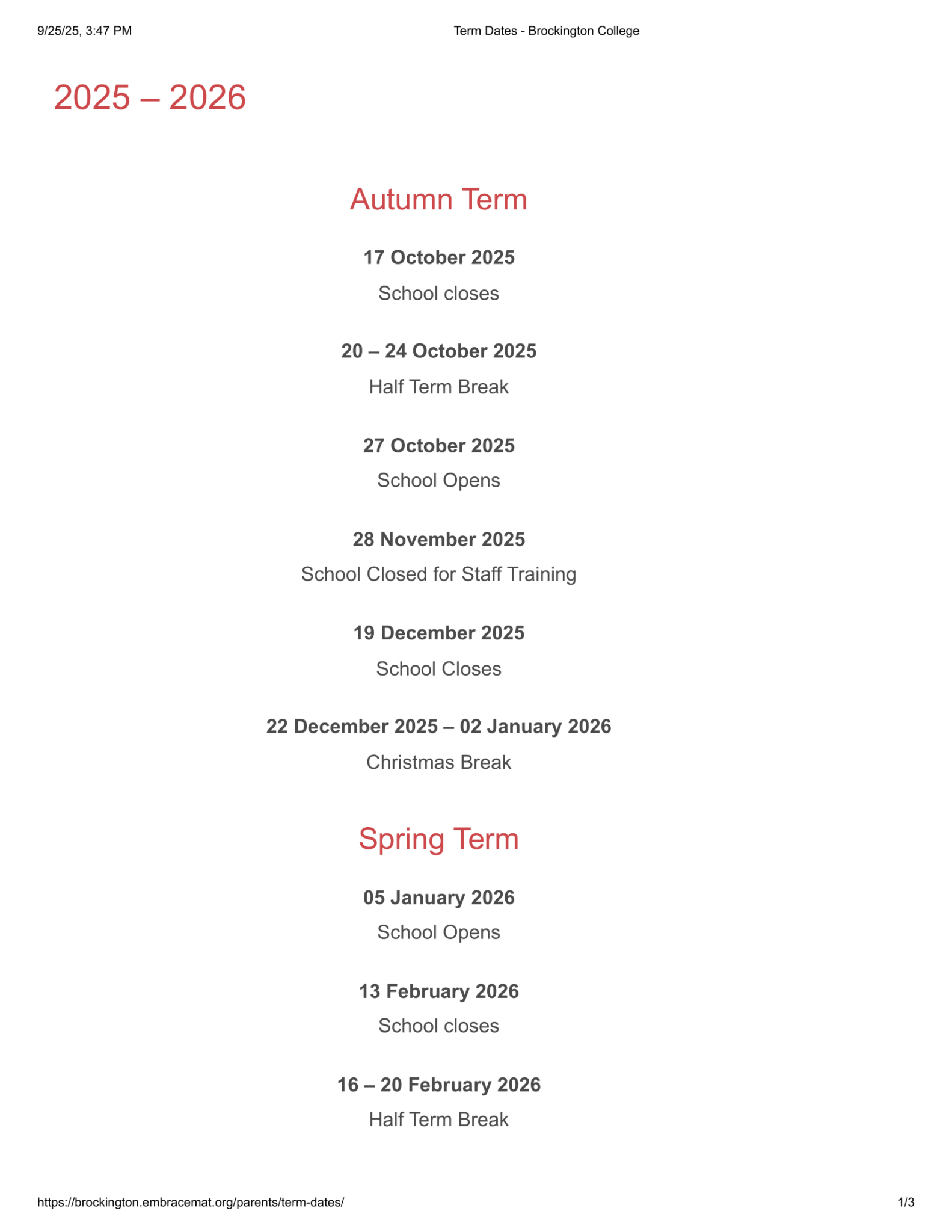 Brockington College 25-26 Term Dates Revised [pdf] - Sch-uk.org