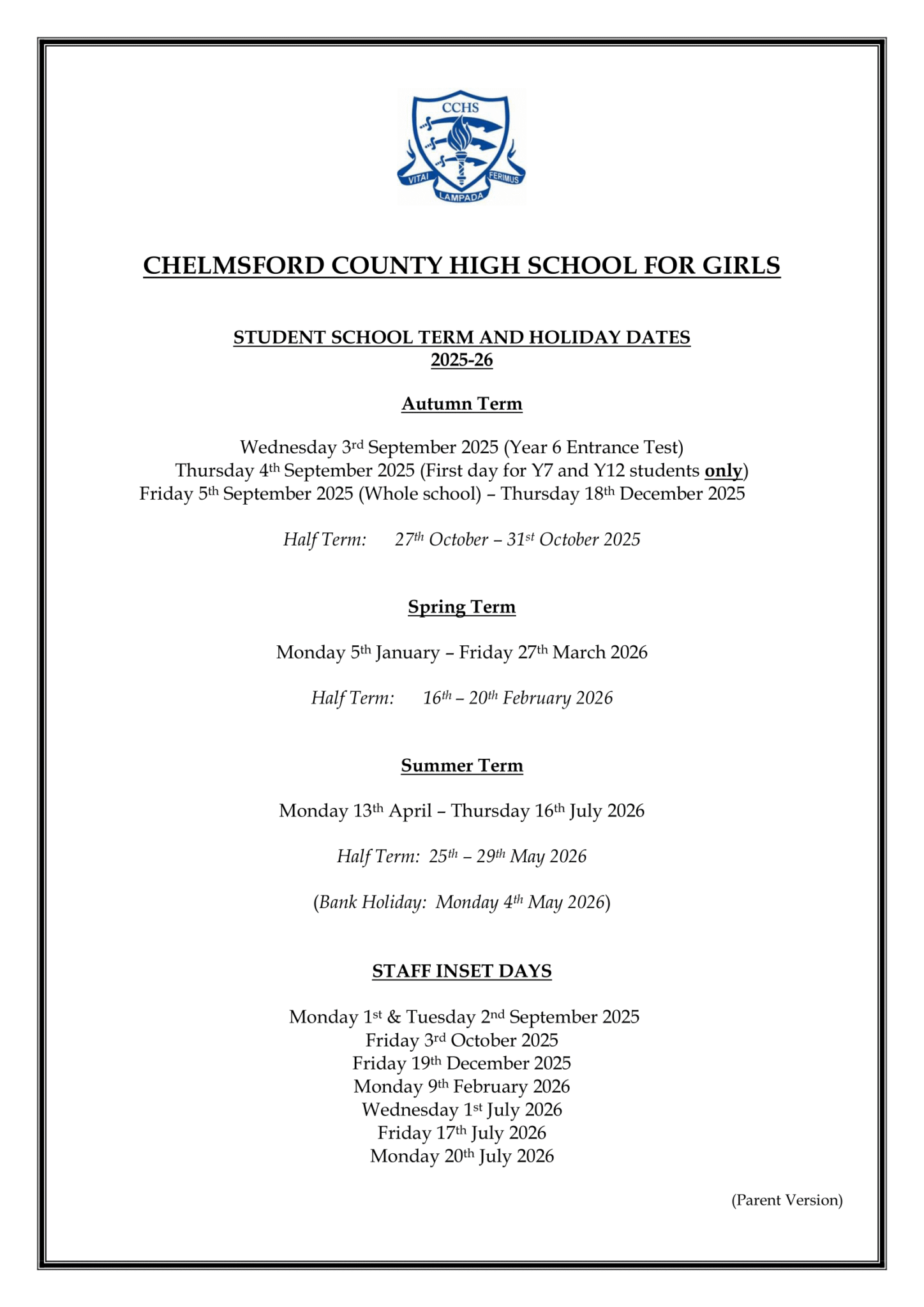 Chelmsford County High School For Girls Term Dates 25-26 - Sch-uk.org