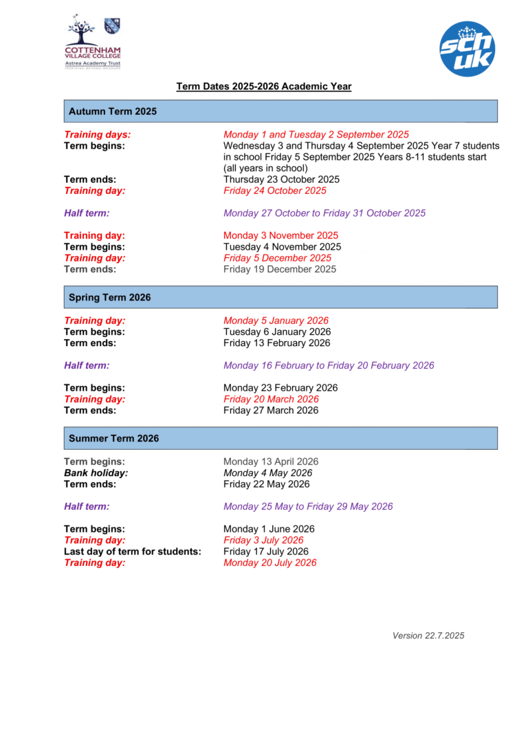 Cottenham Village College Term Dates 25-26 Revised [pdf] - Sch-uk.org