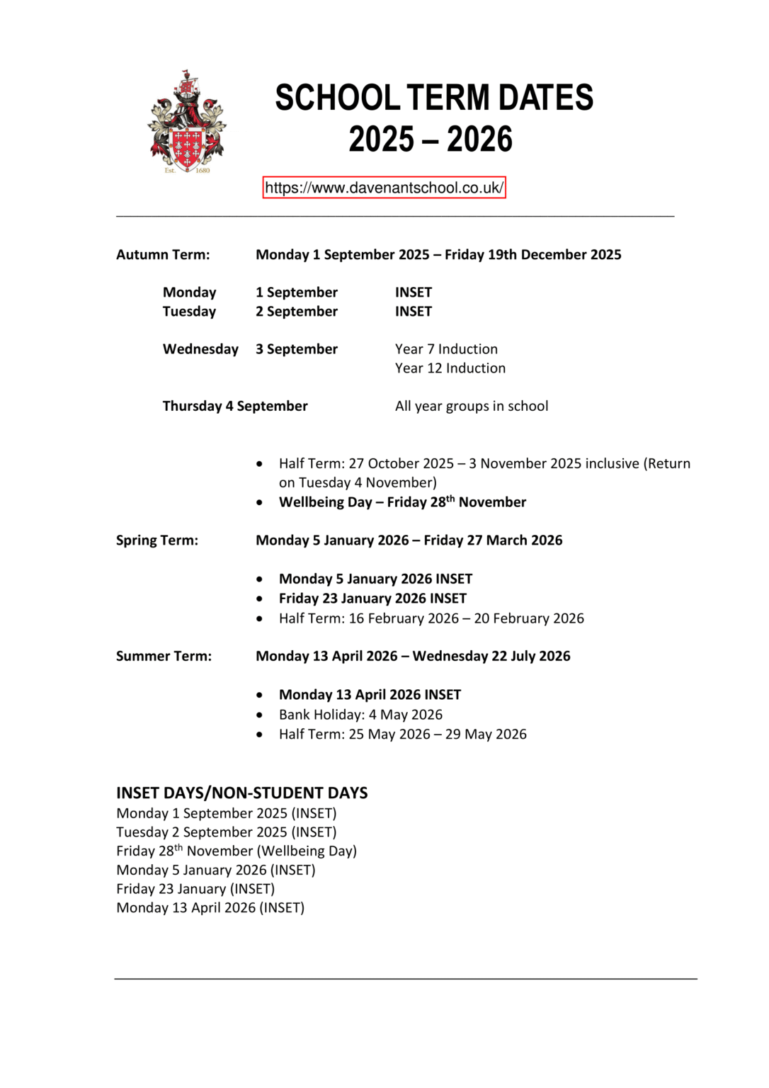 Davenant School Term Dates 25-26 Revised Pdf - Sch-uk.org
