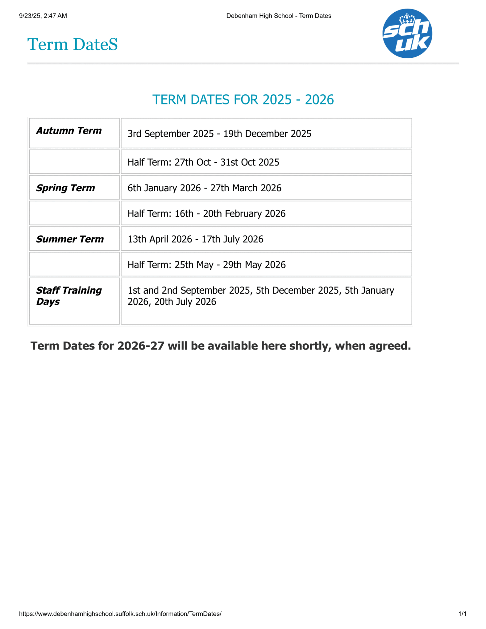 Debenham High School Term Dates 25-26 Revised [pdf] - Sch-uk.org