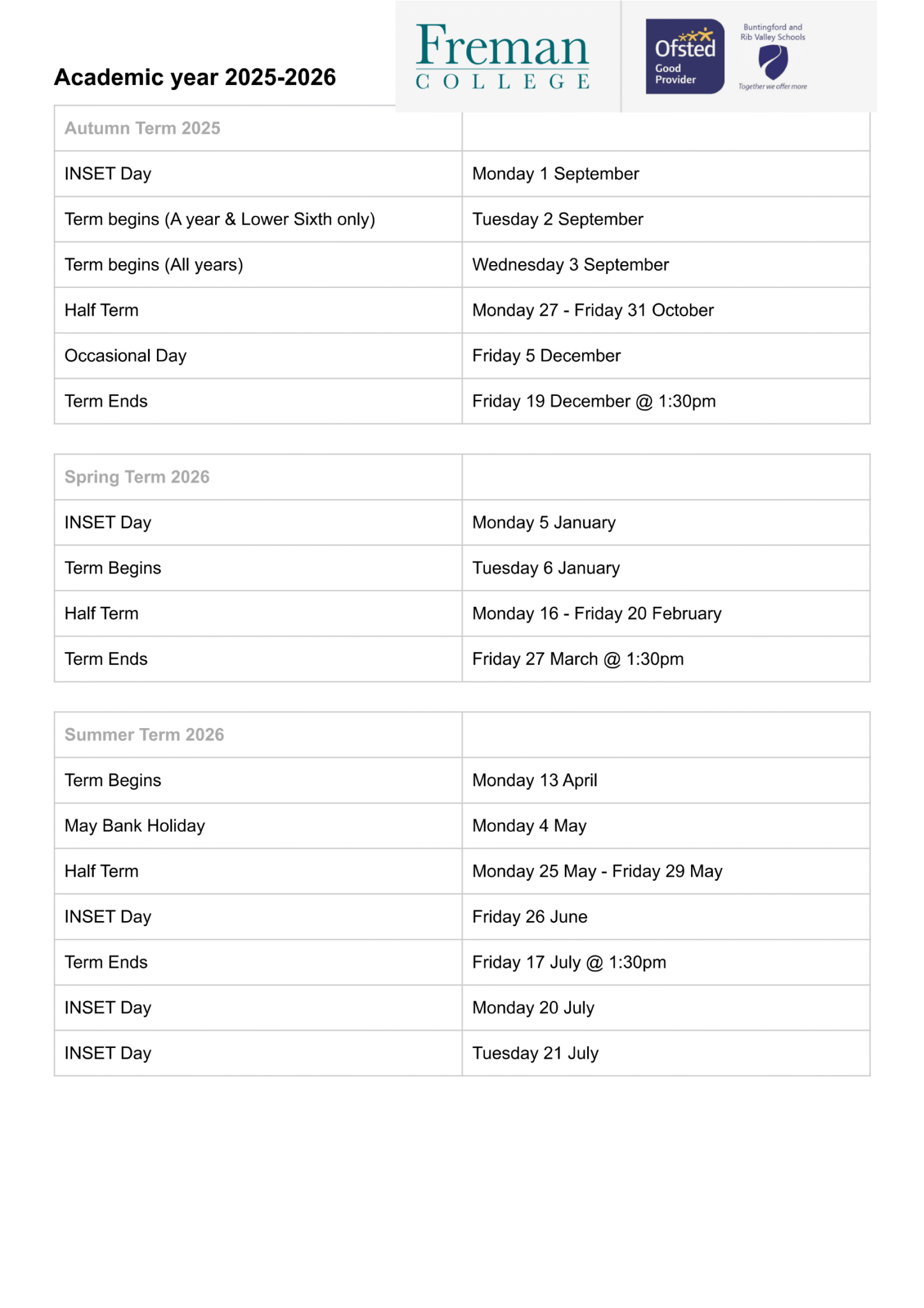 Freman College Term Dates 25-26 Updated [pdf] - Sch-uk.org