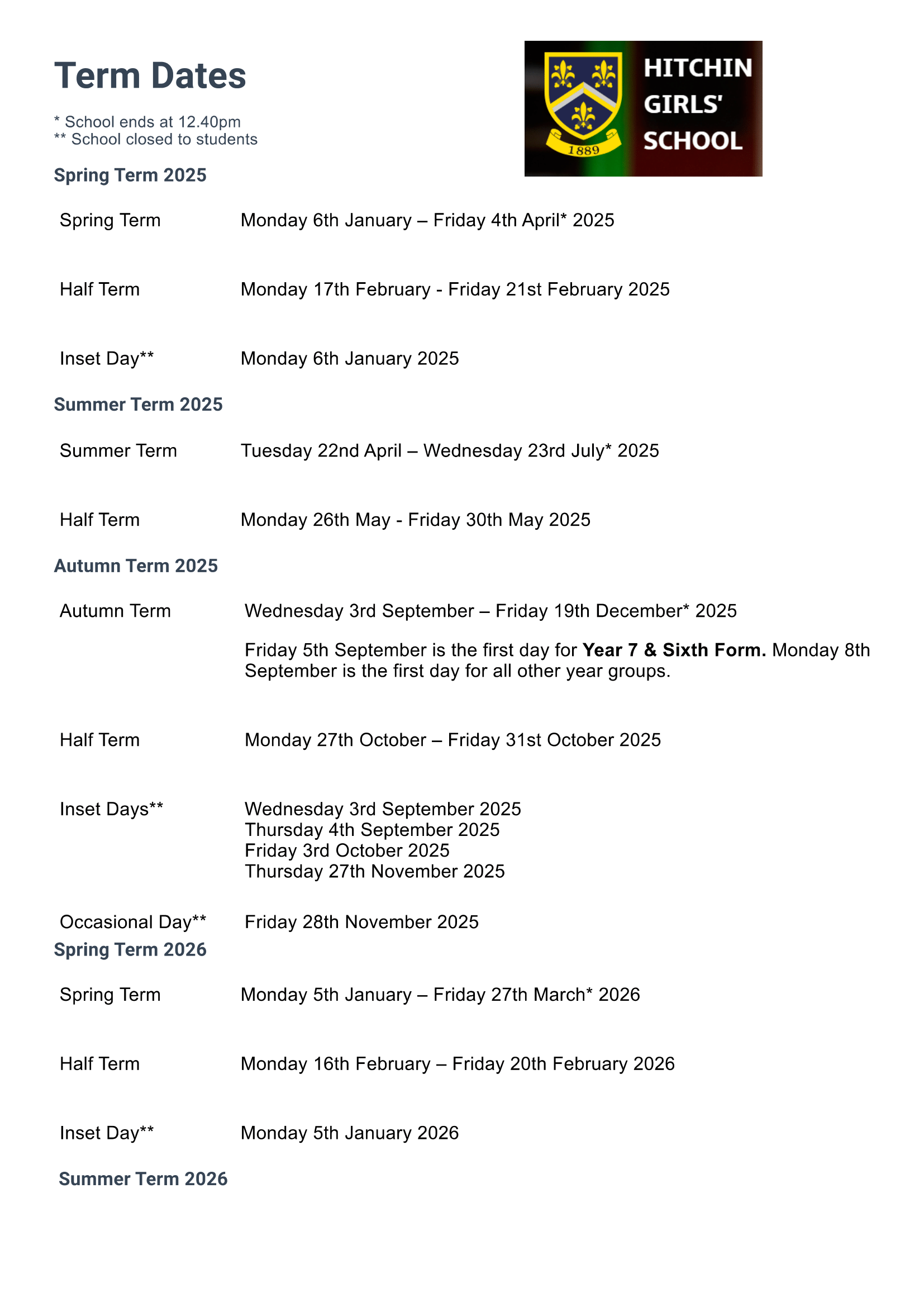 Hitchin Girls' School - Term Dates 25-26 Revised [pdf] - Sch-uk.org