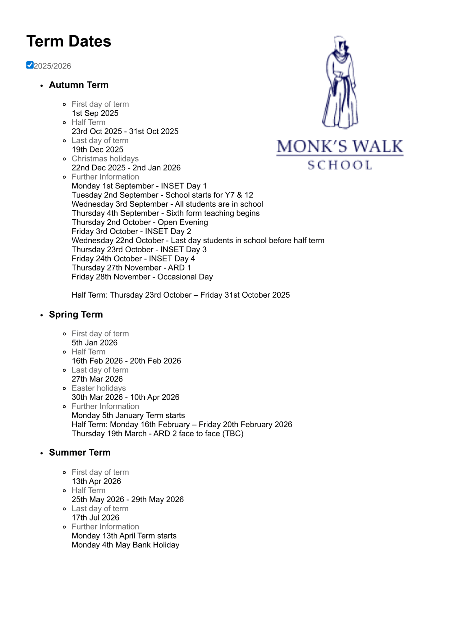 Monk's Walk School Term Dates 25-26 Updated [pdf] - Sch-uk.org
