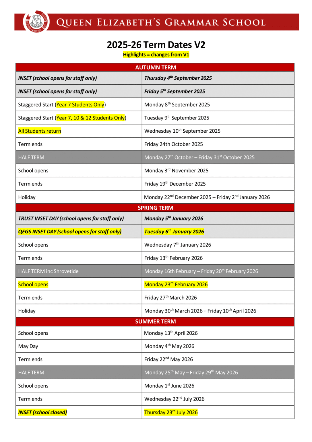 Queen Elizabeth's Grammar School Term Dates 25-26 Revised [pdf] - Sch ...