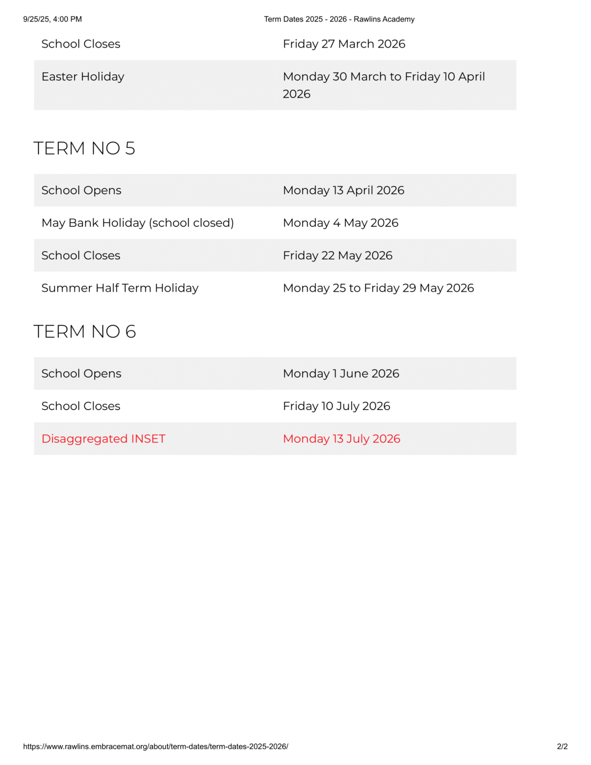 Rawlins Academy Term Dates 25-26 Revised [pdf] - Sch-uk.org