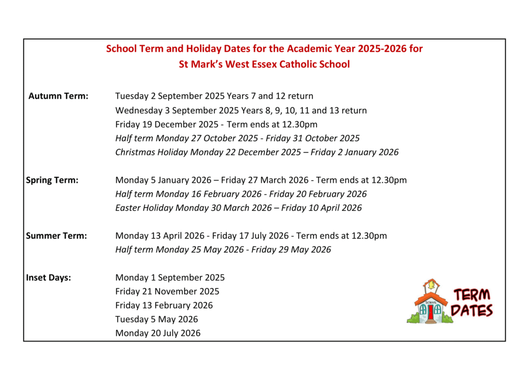St Mark's West Essex Catholic School Term Dates 25-26 Revised Pdf - Sch ...