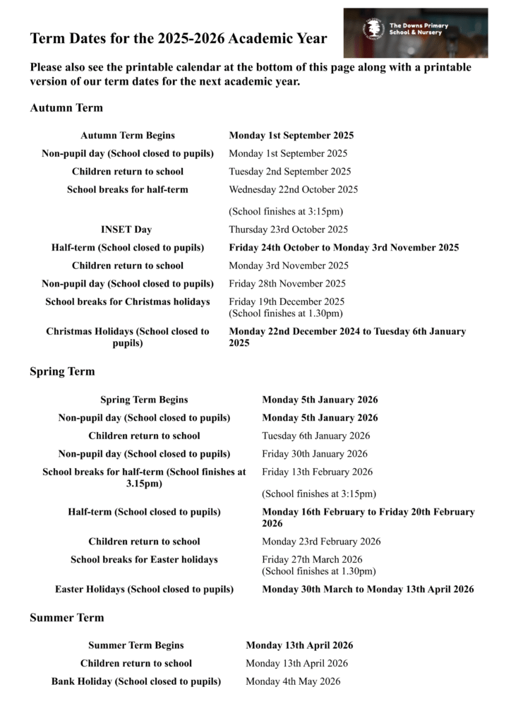 The Downs Primary School & Nursery 25-26 Term Dates - Sch-uk.org