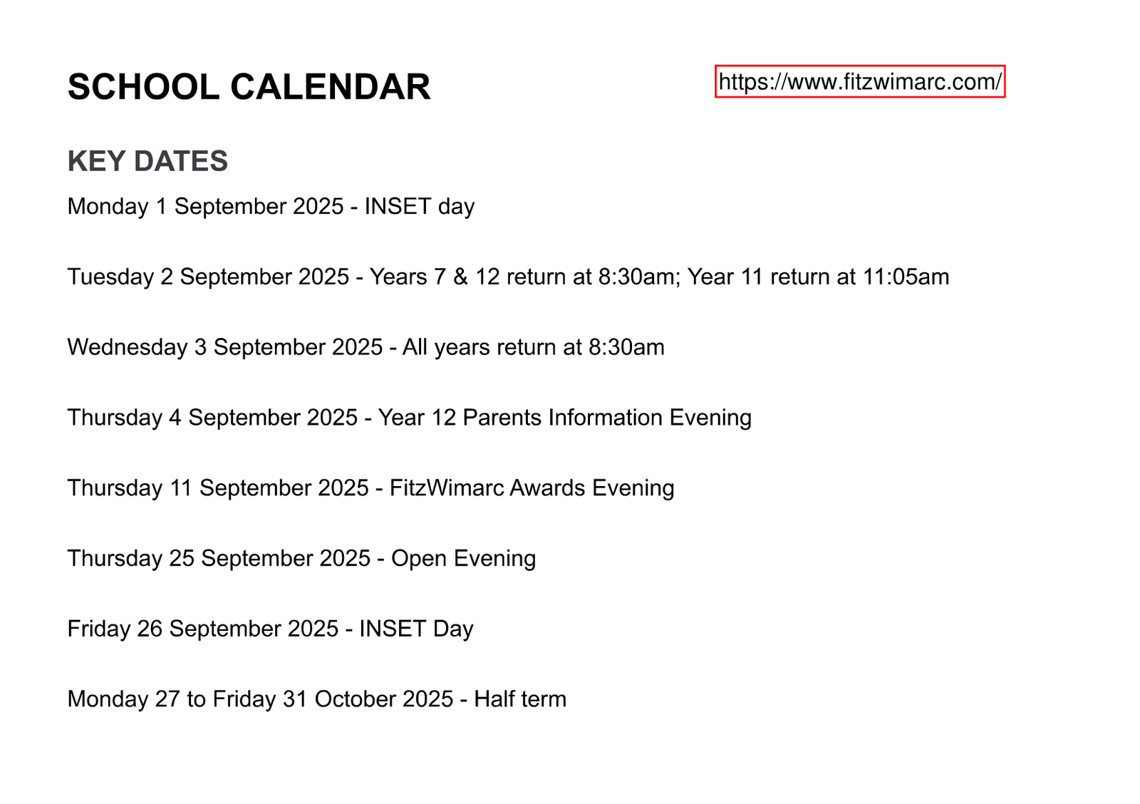 The FitzWimarc School Term Dates 25-26 Revised Pdf - Sch-uk.org