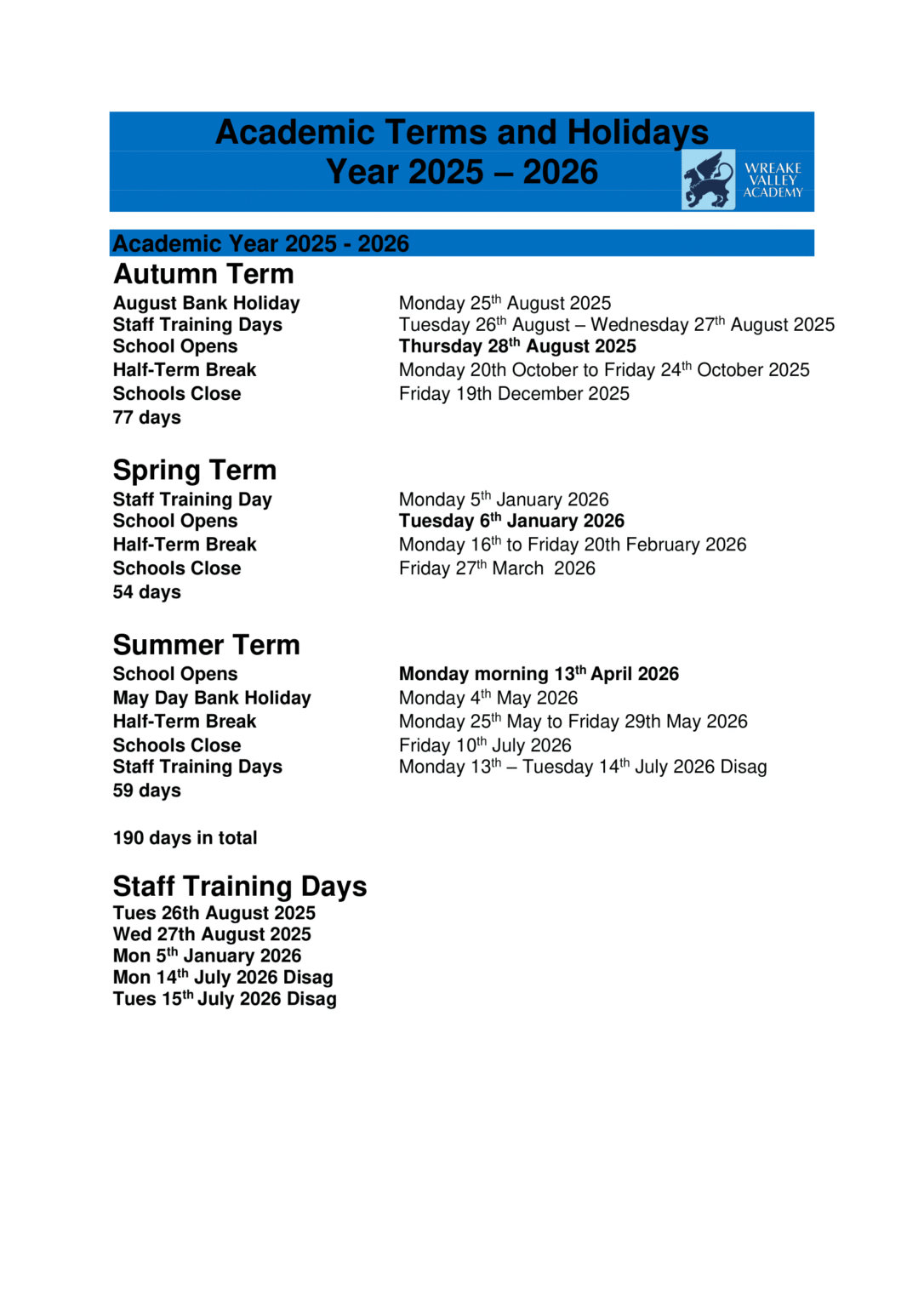 Wreake Valley Academy Term Dates 25-26 Revised [pdf] - Sch-uk.org