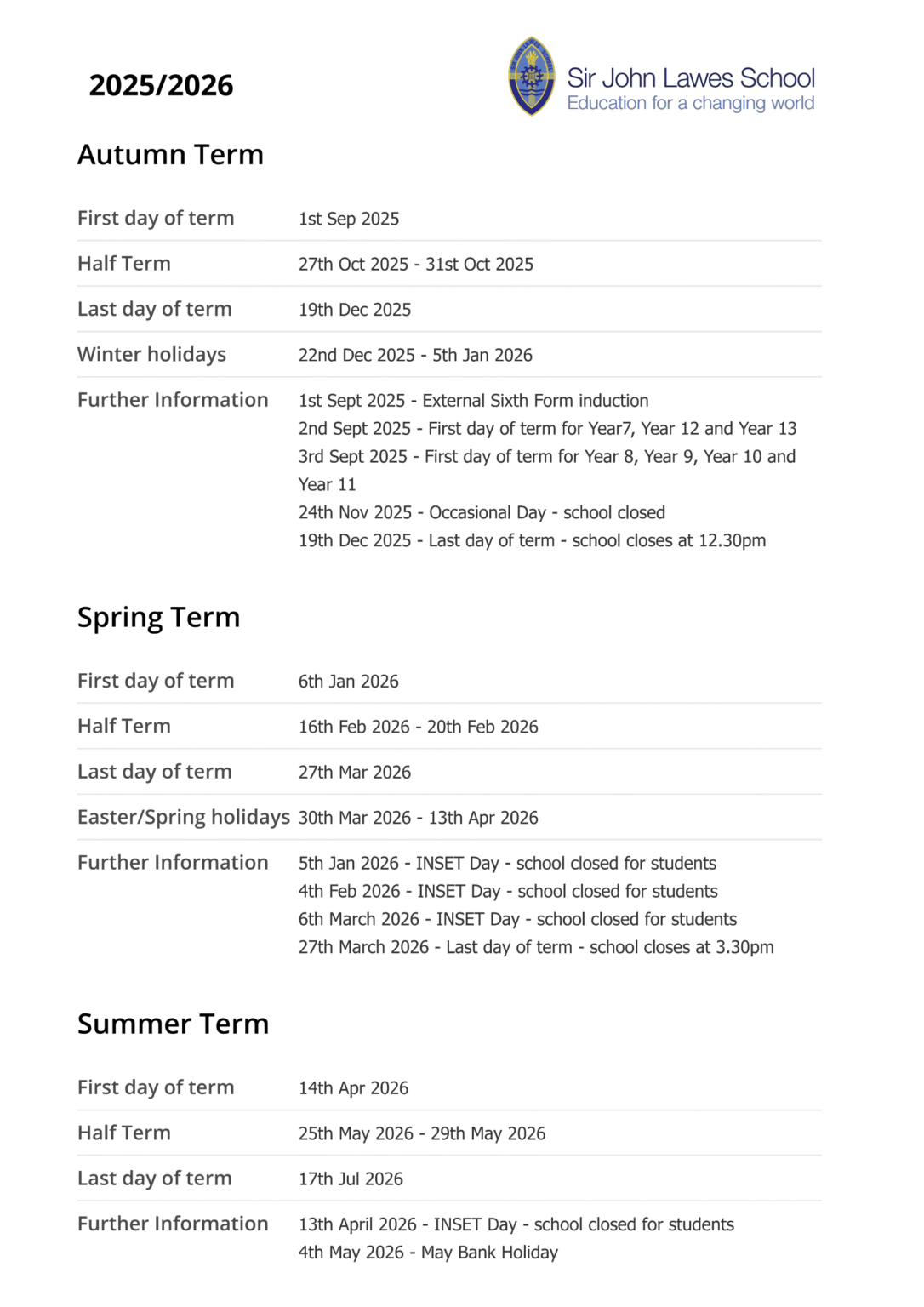Sir John Lawes School Term Dates 25-26 Revised [PDF] - Sch-uk.org
