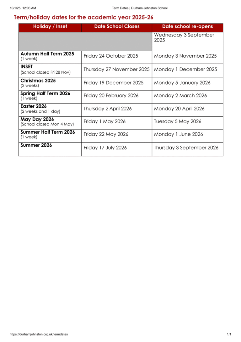 Durham Johnston School Term Dates 25-26 Revised - Sch-uk.org