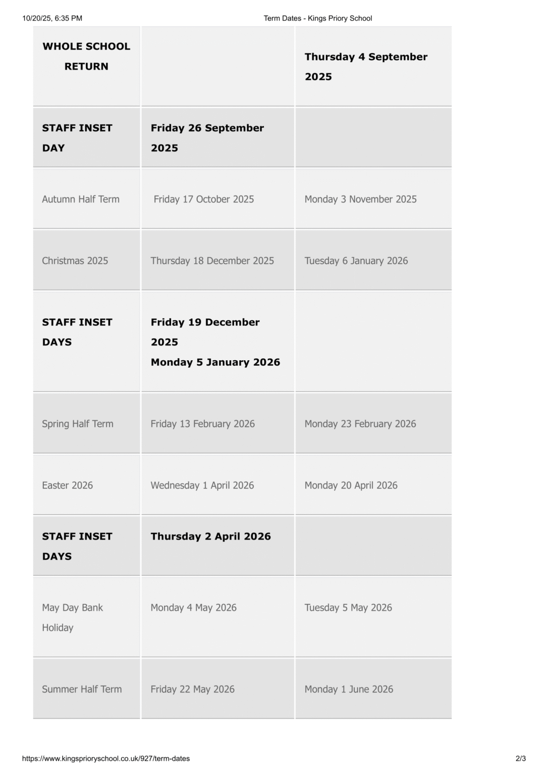 Kings Priory School Term Dates 25-26 Revised [PDF] - Sch-uk.org