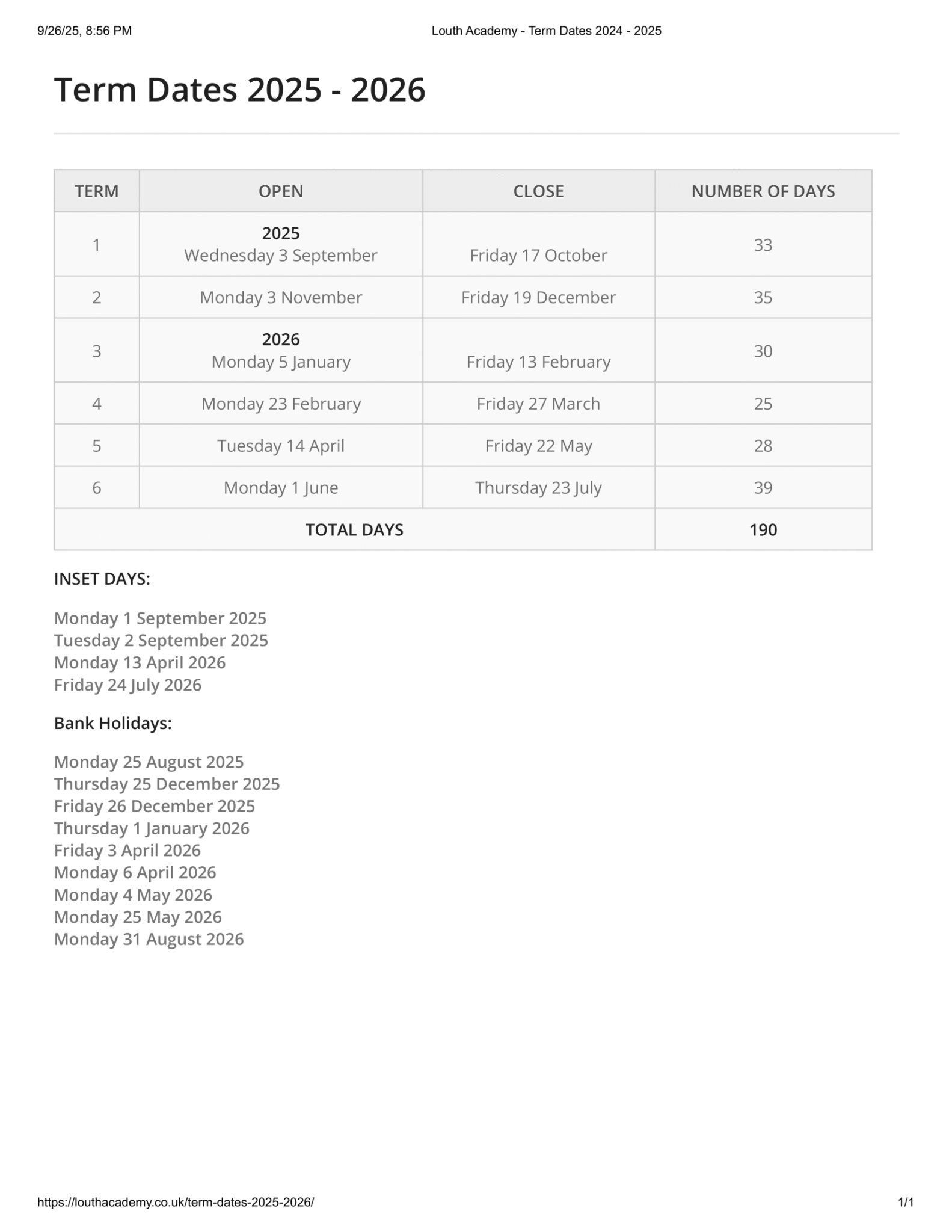 Louth Academy Term Dates 25-26 Revised [pdf] - Sch-uk.org