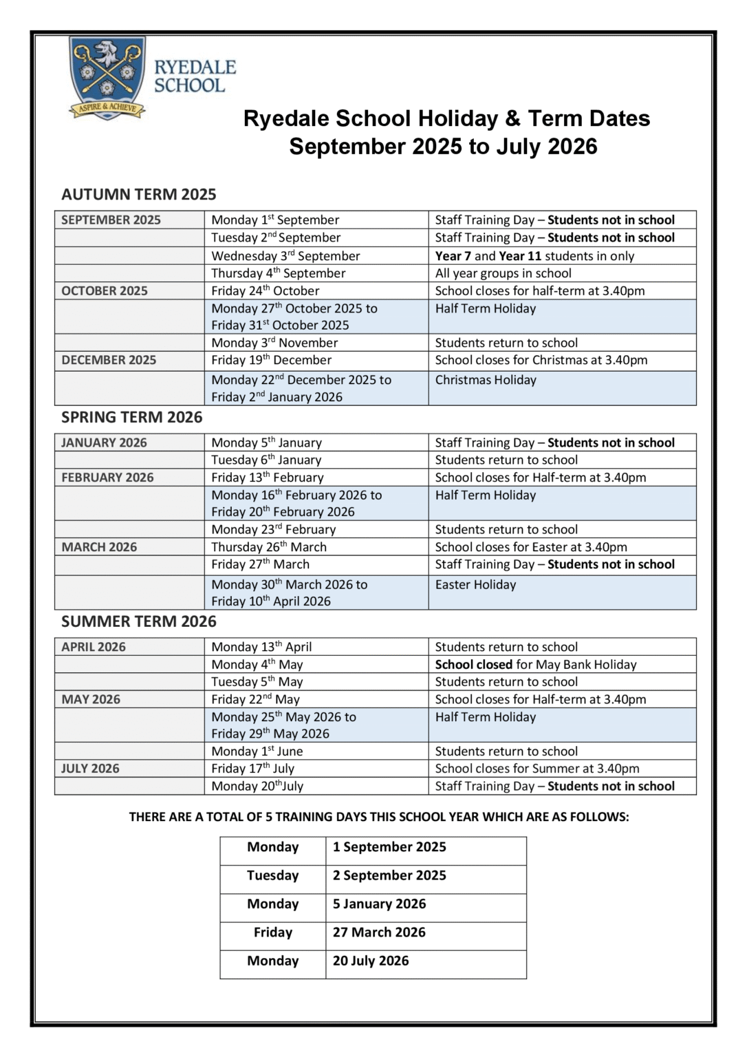 Ryedale School Term Dates 25-26 (Official Update) - Sch-uk.org