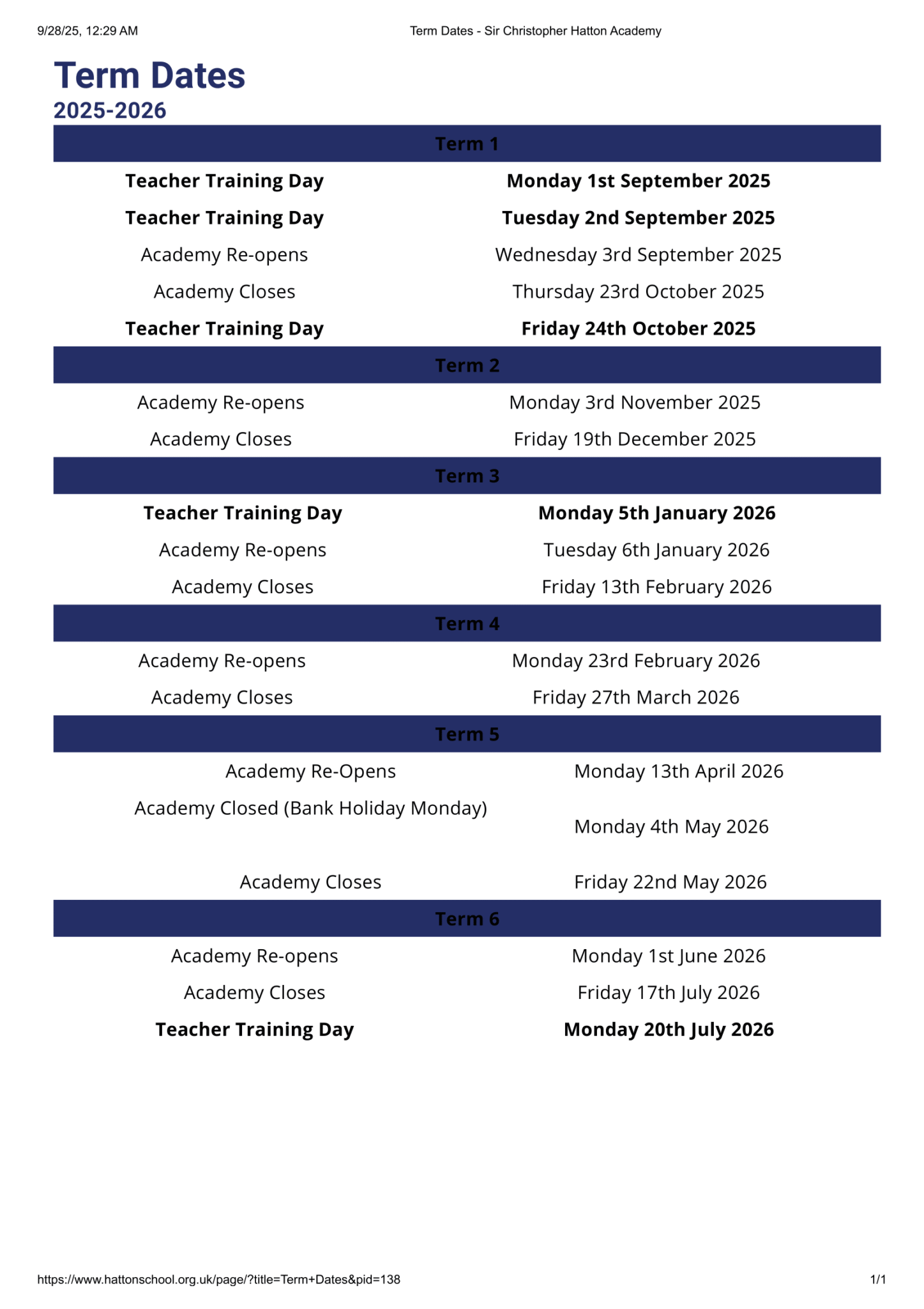Sir Christopher Hatton Academy Term Dates 25-26 Revised - Sch-uk.org