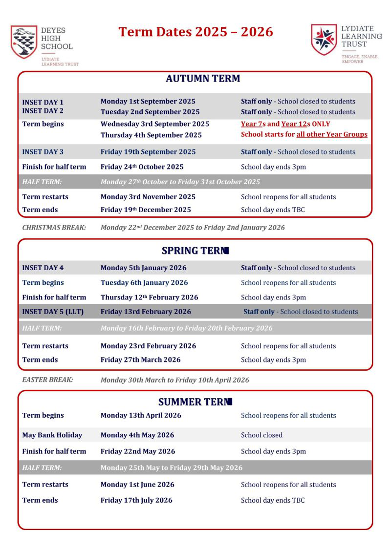 Deyes High School Term Dates 25-26 Official Update - Sch-uk.org