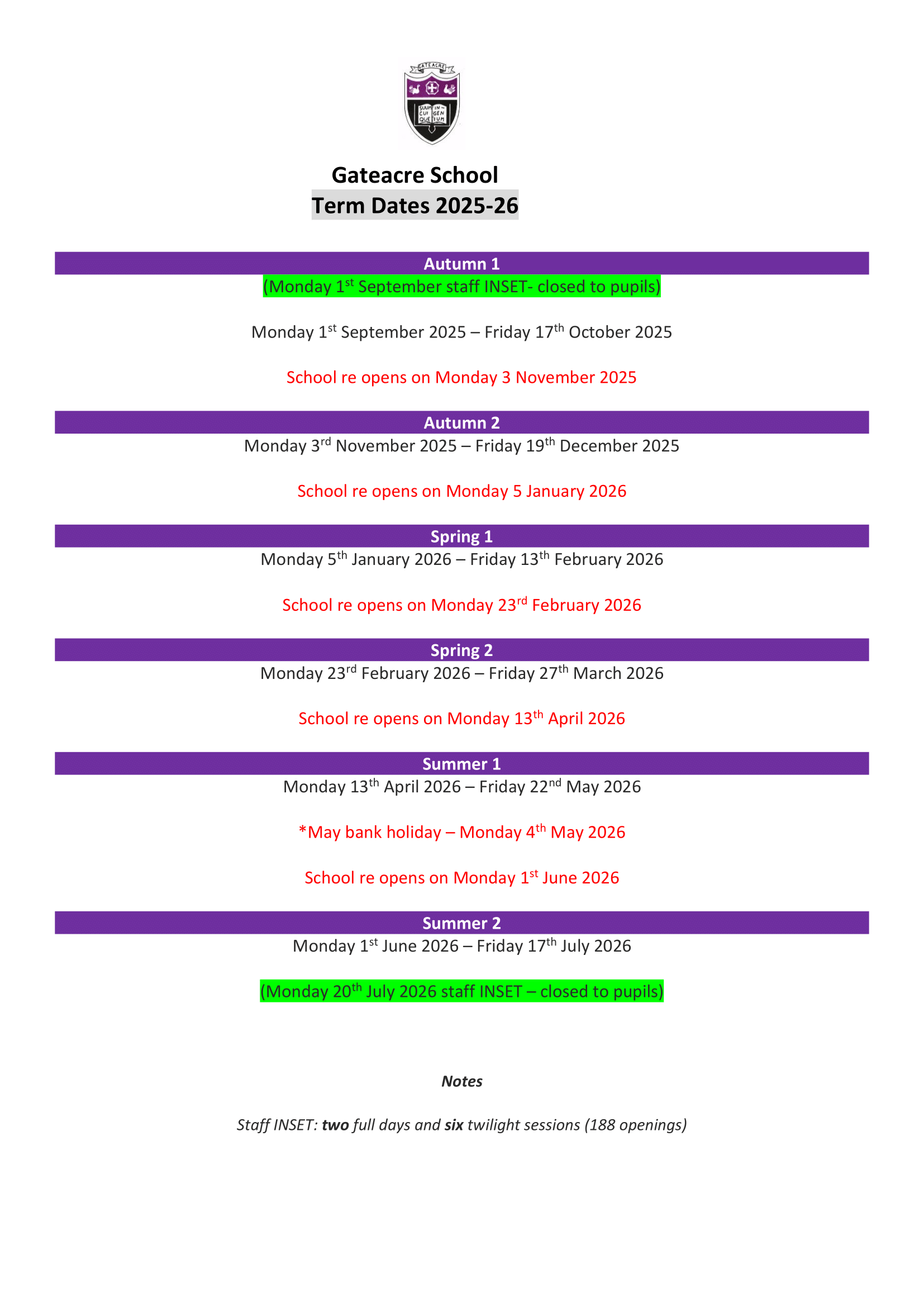 Gateacre School Term Dates 25-26 Official Update - Sch-uk.org