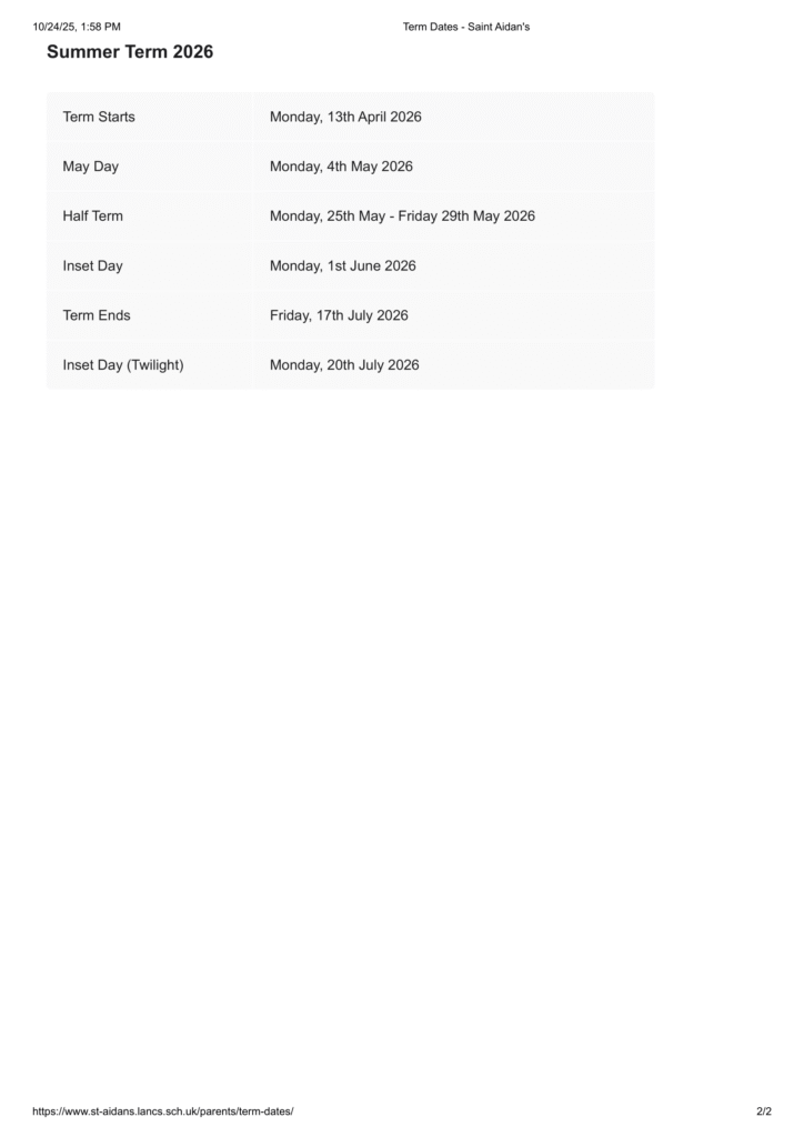 Saint Aidan's Church Of England High School Term Dates 25-26 Official ...