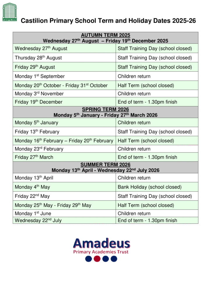 Castilion Primary School 25-26 Term Dates Revised PDF - Sch-uk.org