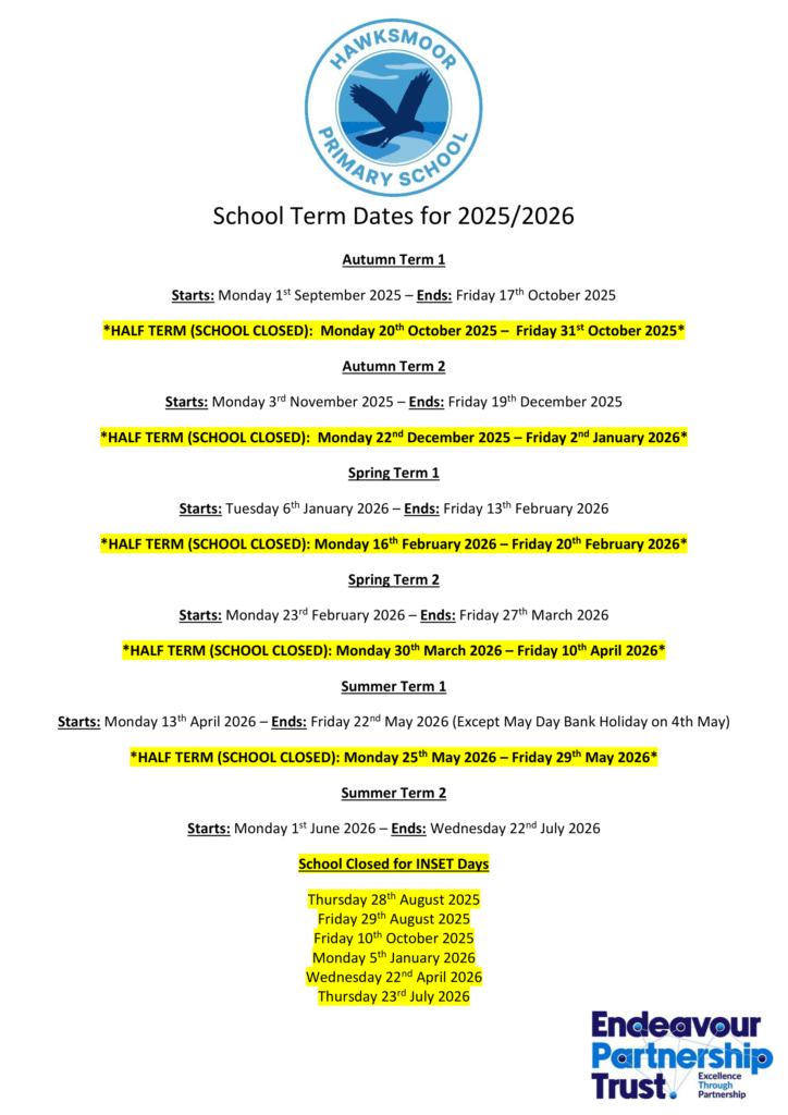 Hawksmoor Primary School 25-26 Term Dates Revised - Sch-uk.org