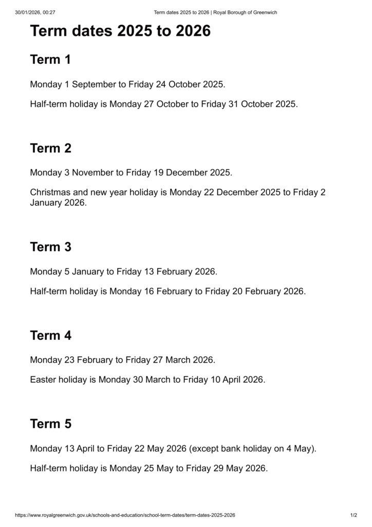 Royal Borough Of Greenwich Official Term Dates 25-26 - Sch-uk.org