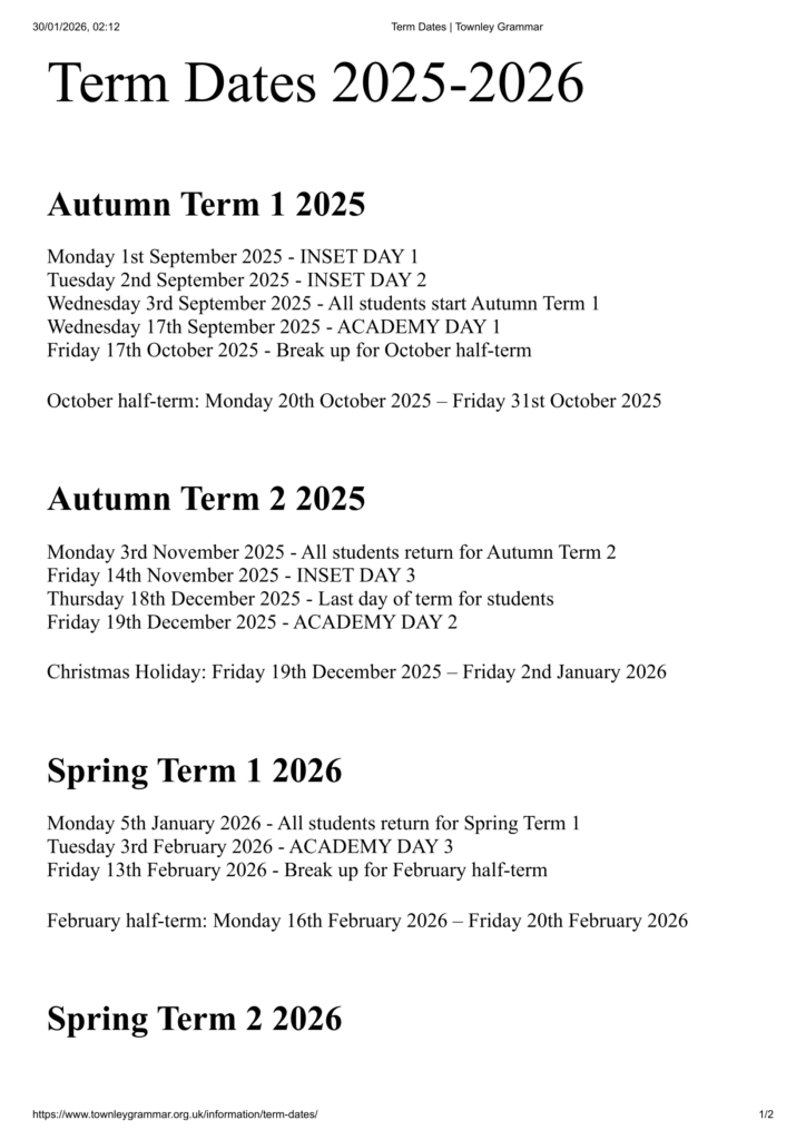 Townley Grammar 25-26 Term Dates Revised - Sch-uk.org